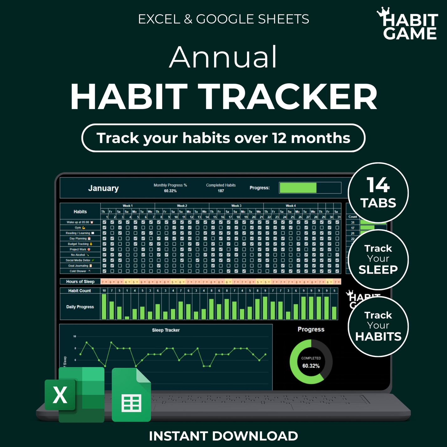 Habit Tracker for Excel & Google Sheets – Habit Game